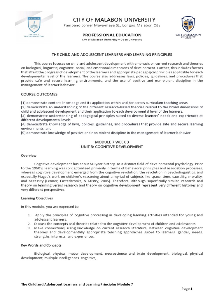 MODULE 7 - Week 3 - The Child and Adolescent Learners and Learning ...