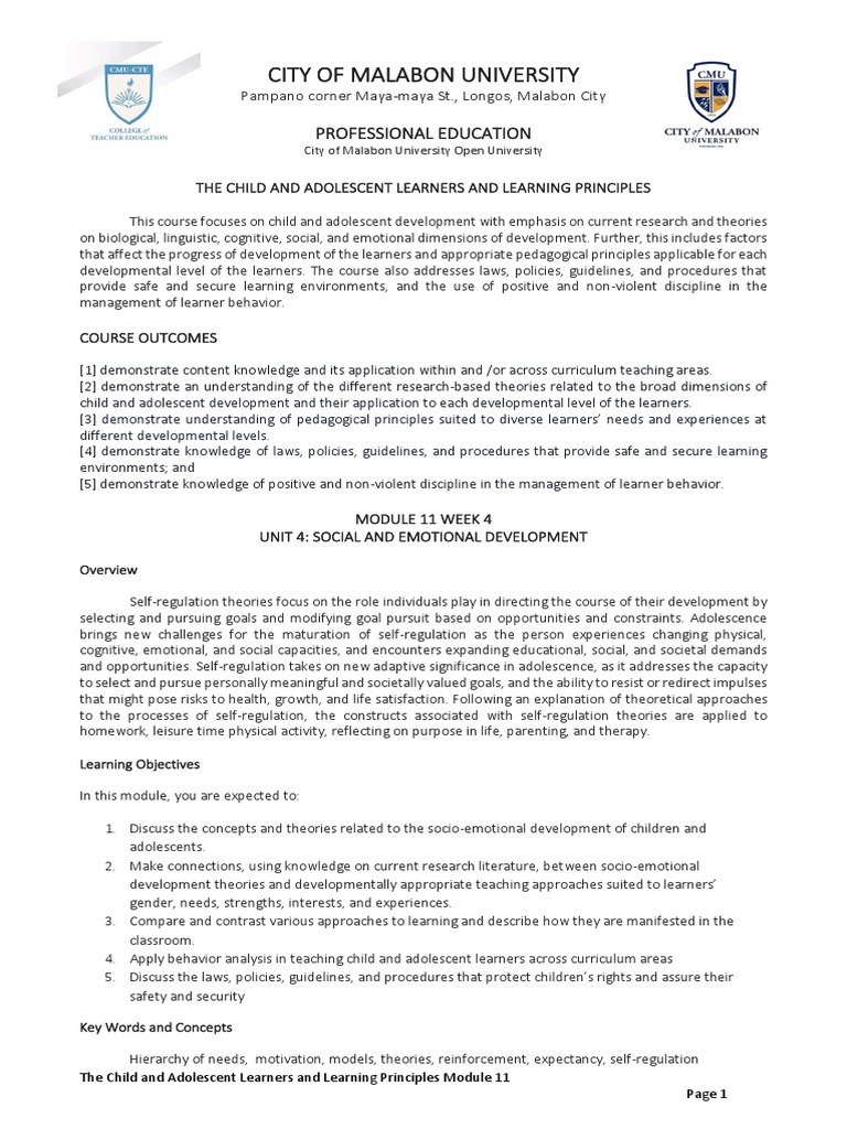 MODULE 11 - Week 4 - The Child and Adolescent Learners and Learning ...