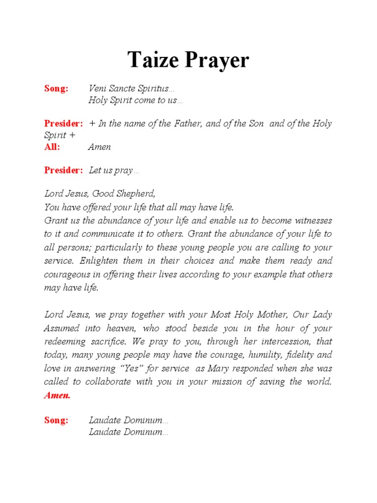Taize Prayer: Song: Presider: All: Presider | PDF | Prayer | Jesus