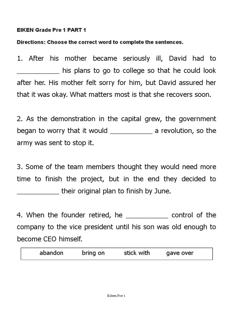EIKEN Grade Pre 1 PART 1 Directions: Choose The Correct Word To ...