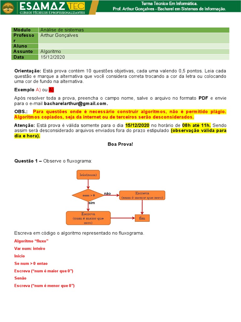 Prova de Algoritmo | PDF | Algoritmos | Engenharia de Software