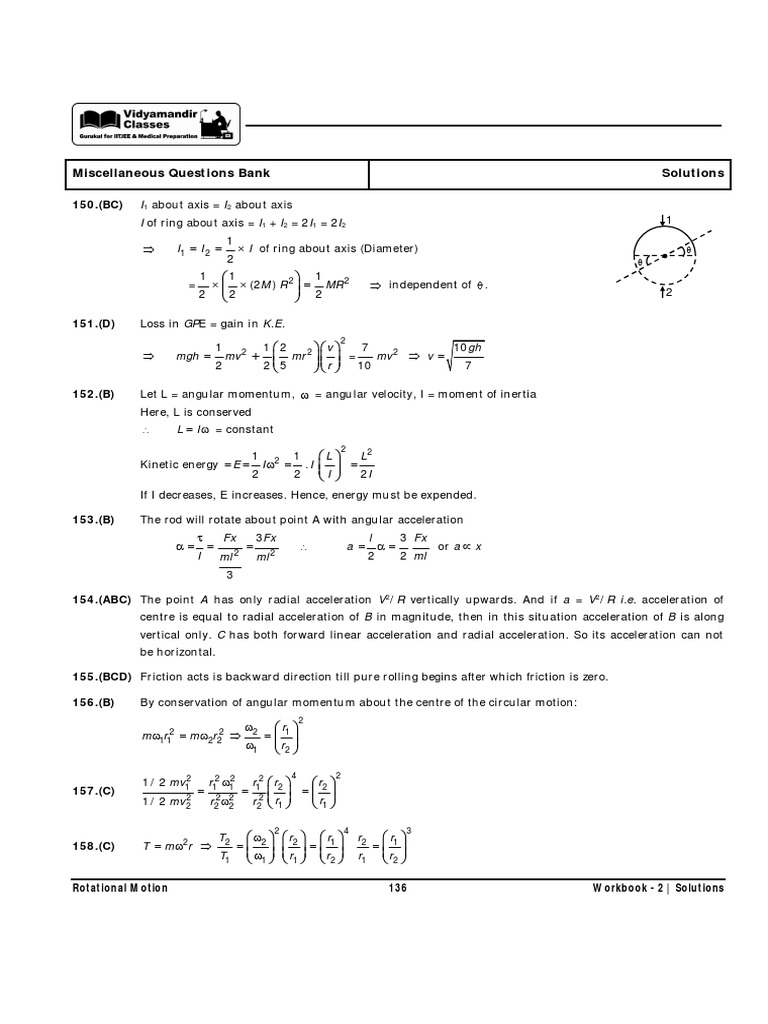 Solutions to Miscellaneous Questions on Rotational Motion | PDF | Rotation Around A Fixed Axis ...