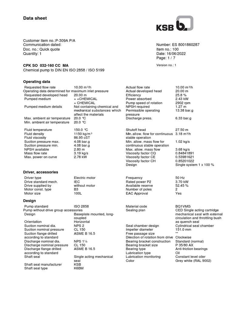 Chemical pump performance data sheet | PDF | Pump | Viscosity