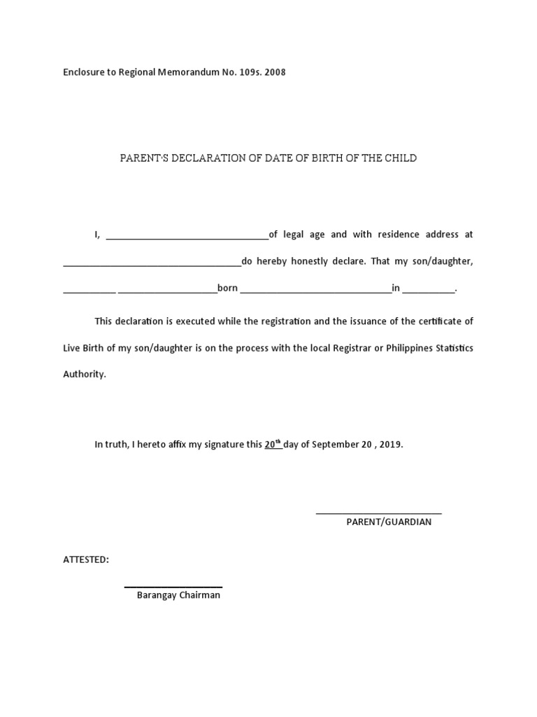 Parents Declaration of Date Birth of A Child | PDF