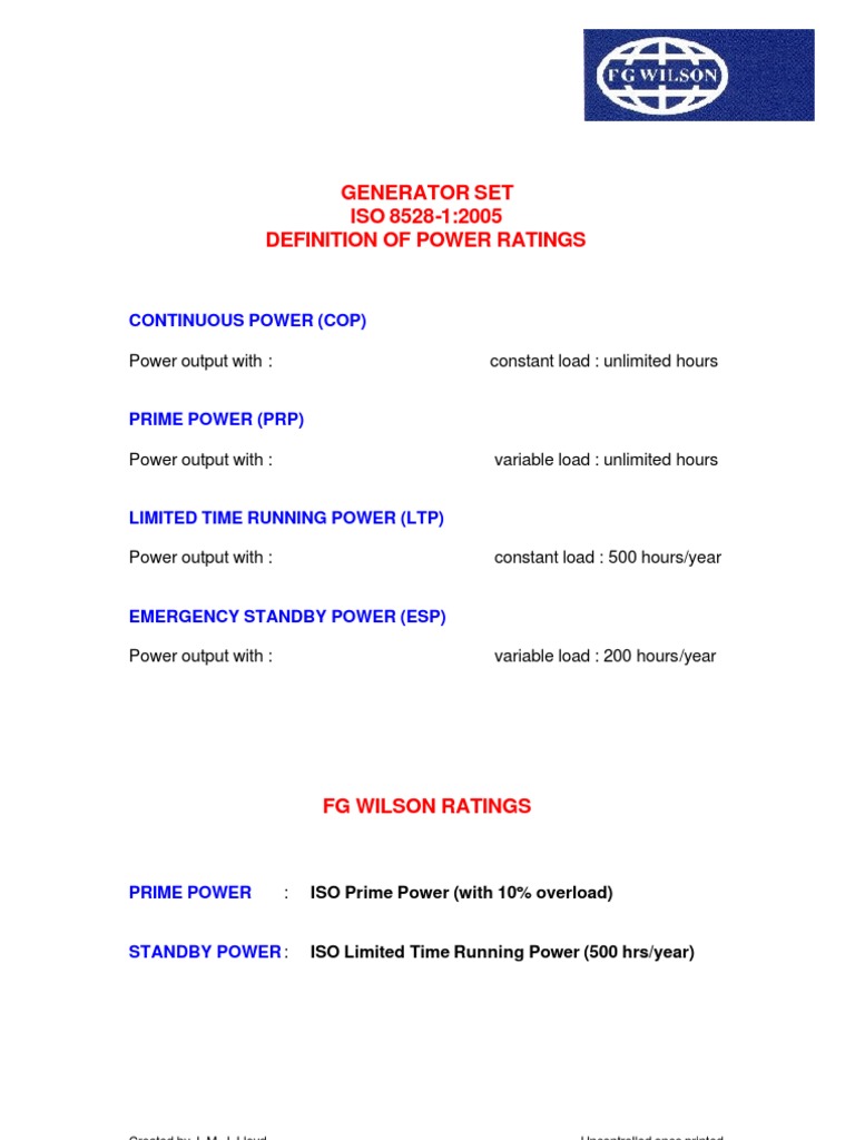 Generator Set Is 8528-1 2005 - Definition of Power Ratings | PDF ...