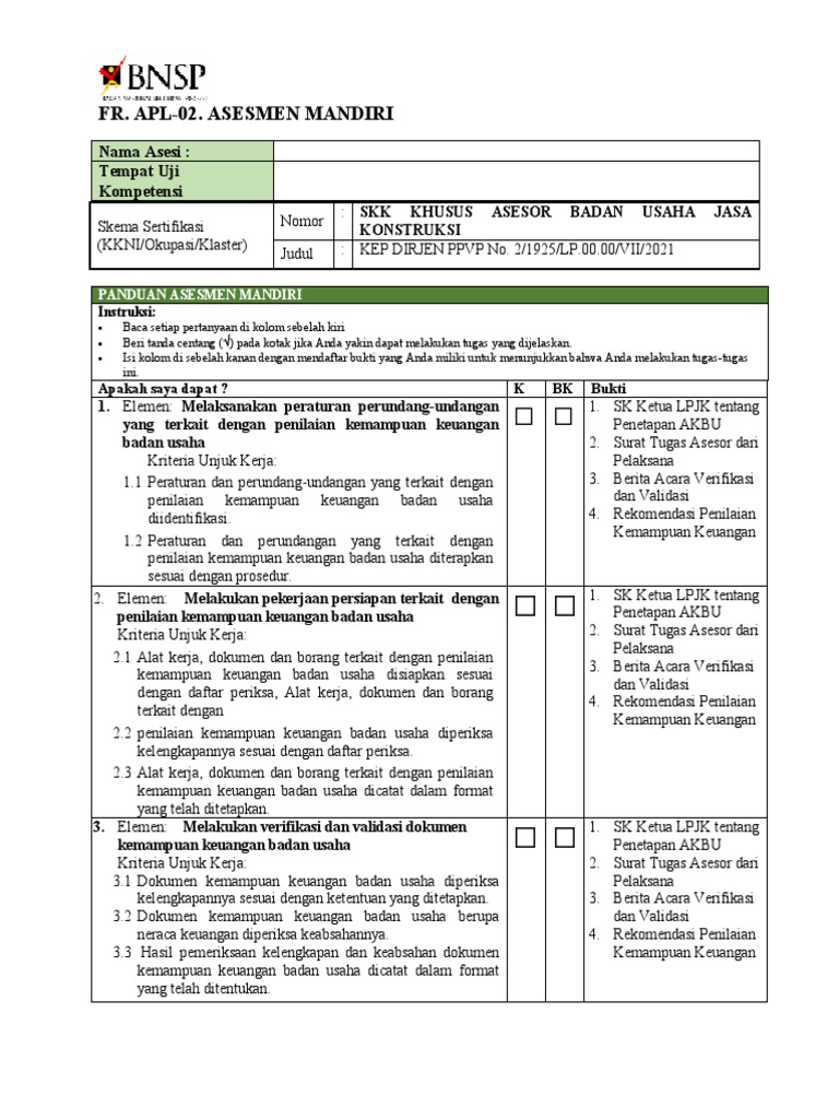 Fr. Apl-02. Asesmen Mandiri | PDF