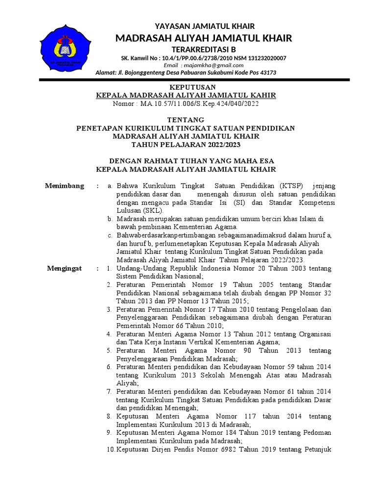SK Penetapan Kurikulum 2022-Min | PDF