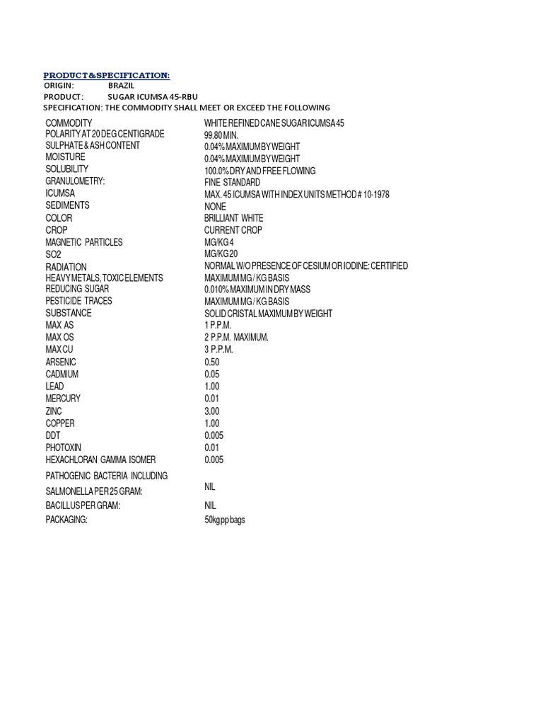 ICUMSA 45 Sugar Specifications Brazil | PDF