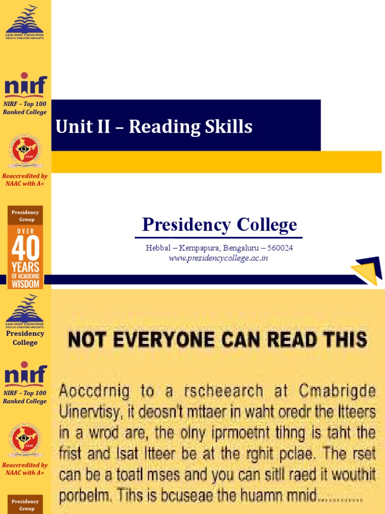 Unit II - Reading Skills: Presidency College | PDF | Reading ...