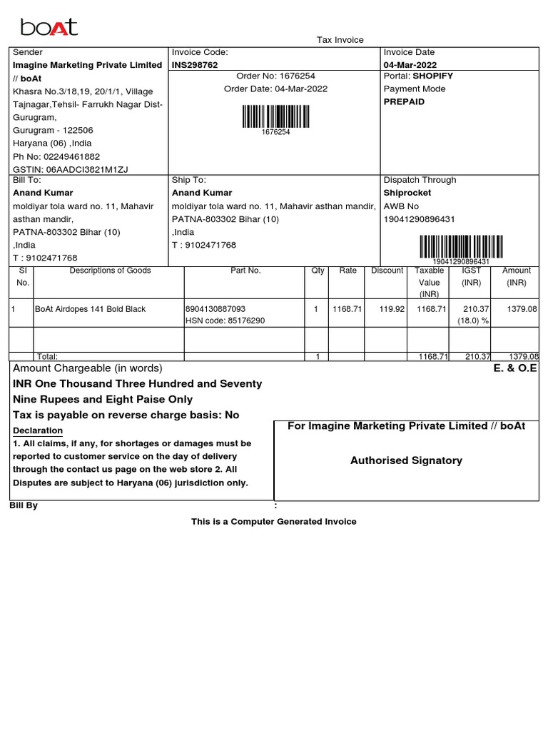 BoAt Airdopes Invoice Summary | PDF | Government | Public Finance