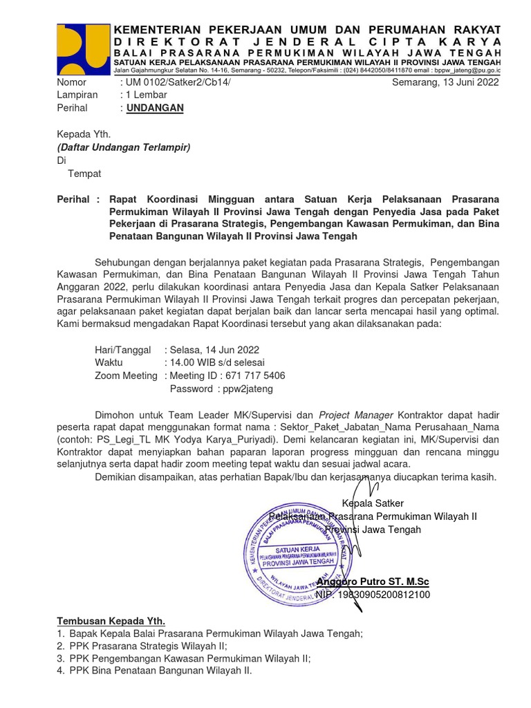 14 Juni - Undangan Koordinasi Rapat Mingguan PJ - 1 | PDF