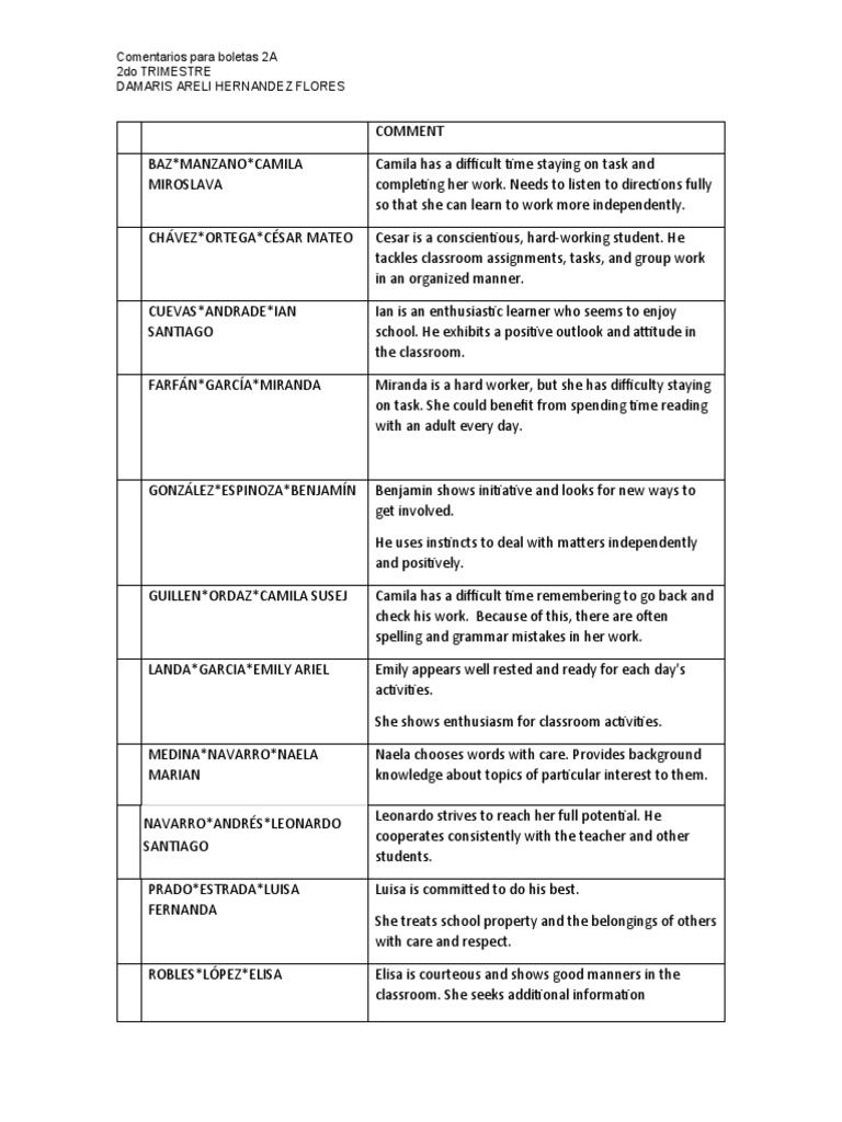 Comentarios para Boletas, Ingles | PDF