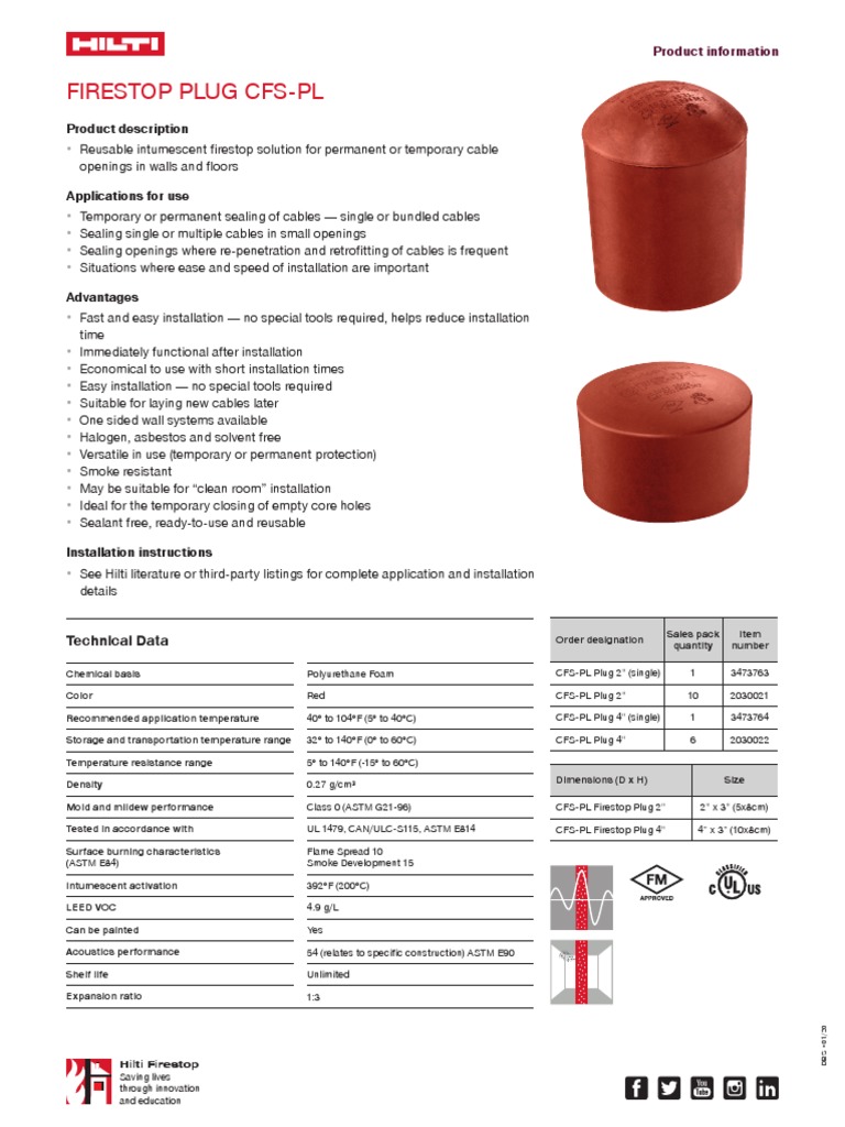 CFS-PL Firestop Plug Overview | PDF | Chemistry | Materials
