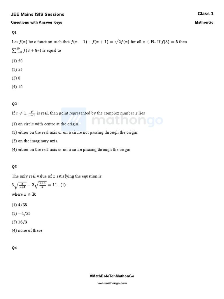 Jee Mains Isis Sessions Class 1: Questions With Answer Keys Mathongo ...
