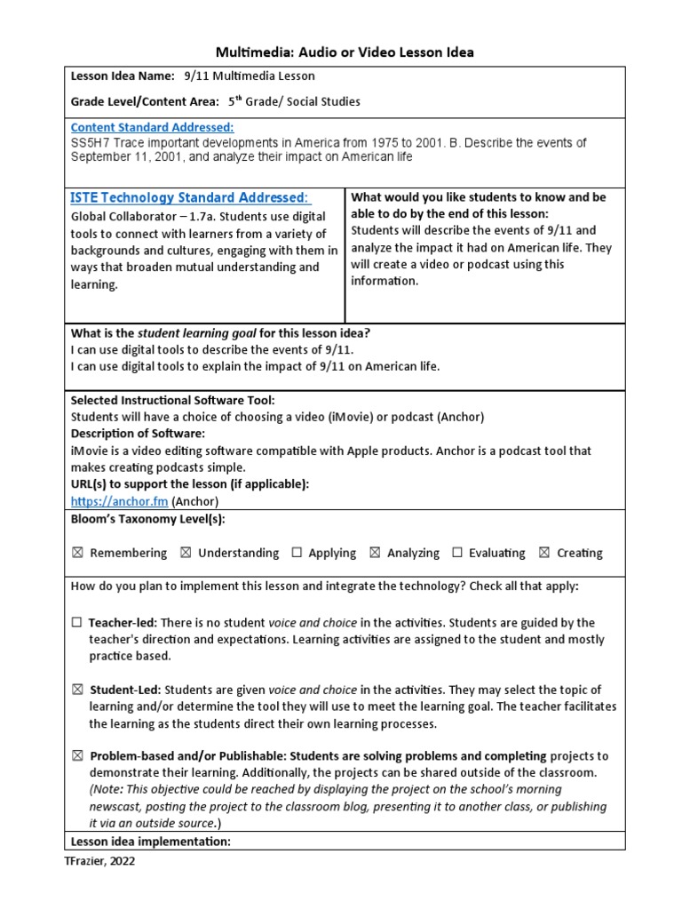 Multimedia Audio or Video Lesson Idea Template2022 Sparshott | PDF ...