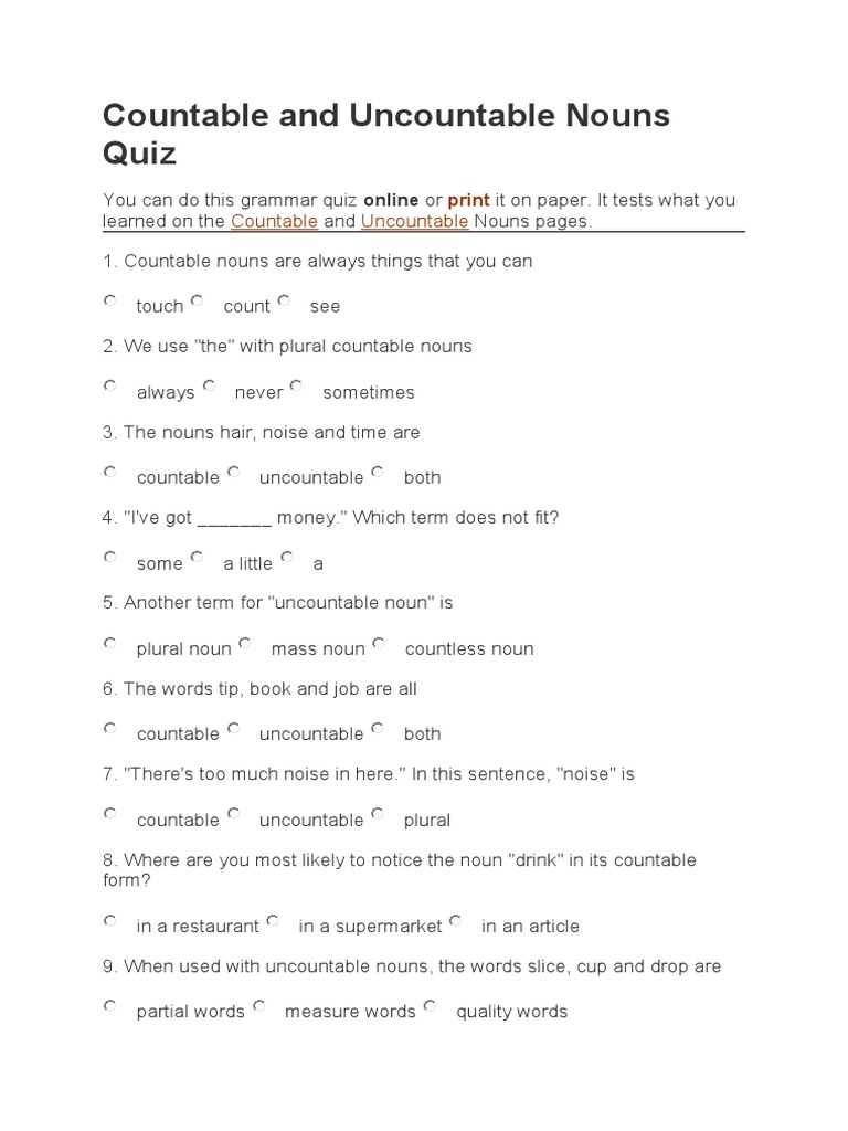 Countable And Uncountable Nouns Quiz Pdf Language Arts Discipline