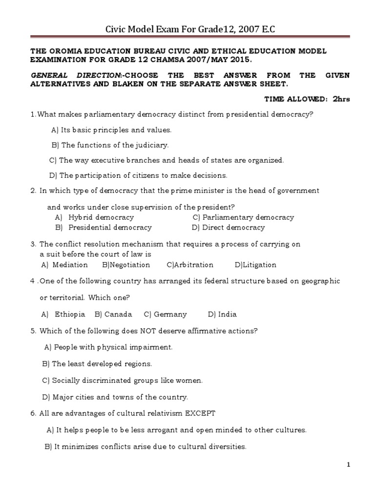 Grade 12 Civic Exam Model 2007 E.C | PDF | Macroeconomics | Democracy