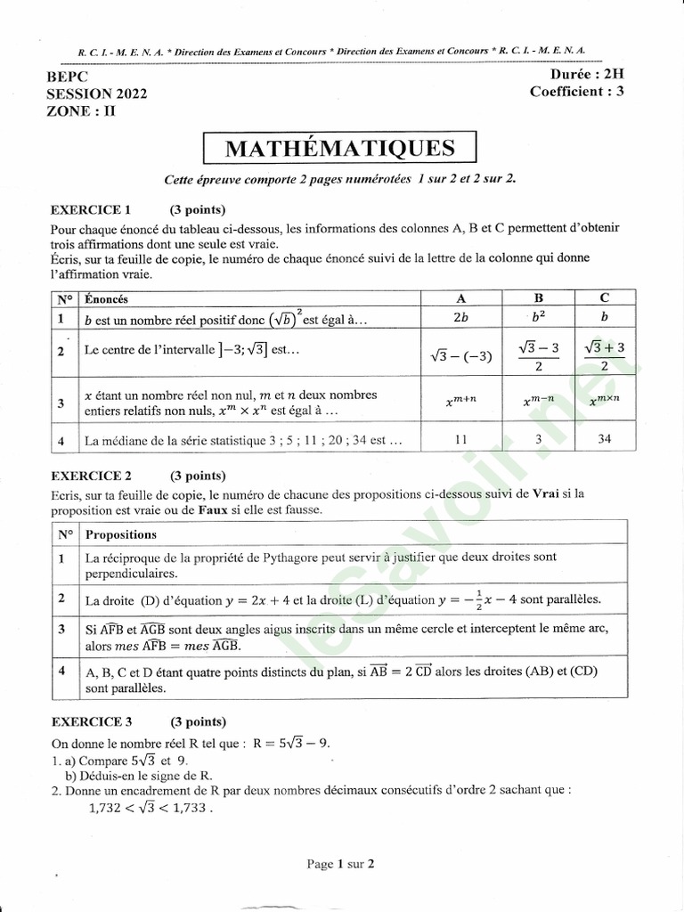 Épreuve de Mathématiques BEPC 2022 | PDF | Plan (Géométrie) | Géométrie