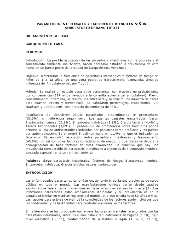 Parasitosis Intestinales y Factores de Riesgo en Niños | PDF ...