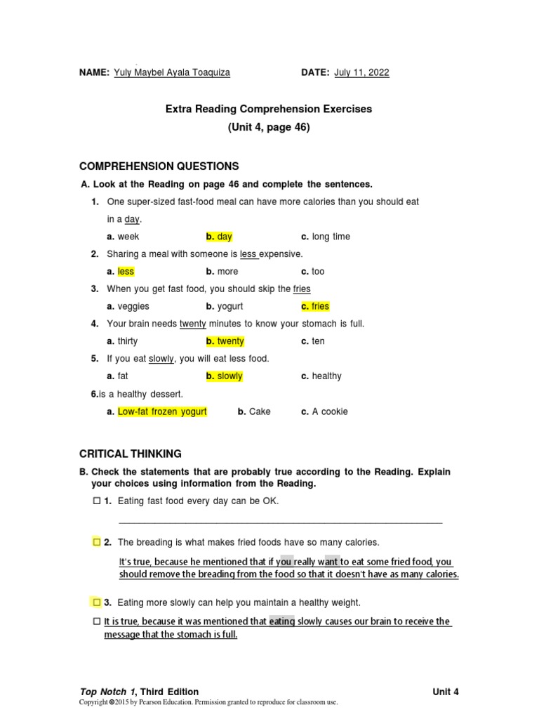 Extra Reading Comprehension Exercises (Unit 4, Page 46) : Top Notch 1 ...