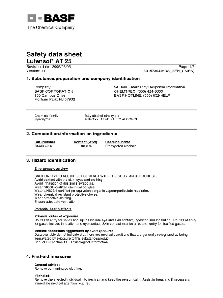 Safety Data Sheet: Lutensol AT 25 | PDF | Firefighting | Toxicity