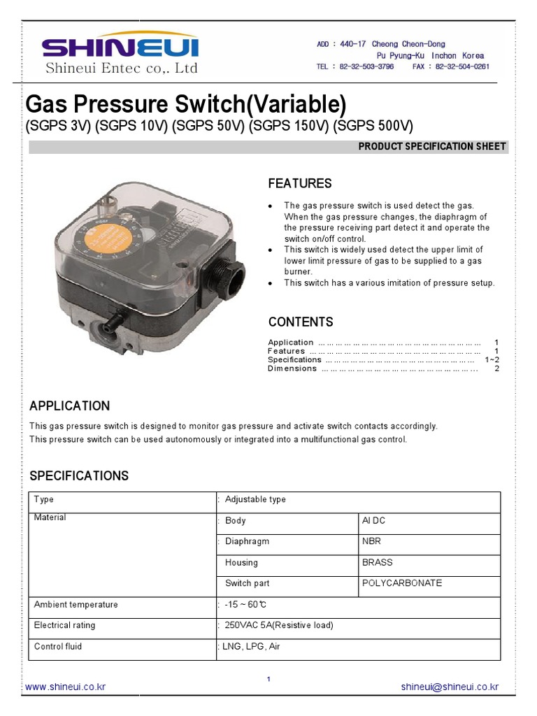 Gas Pressure Switch (Variable) : (SGPS 3V) (SGPS 10V) (SGPS 50V) (SGPS ...