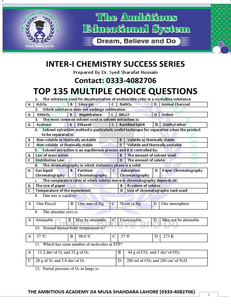 Top 135 Multiple Choice Questions: Inter-I Chemistry Success Series ...