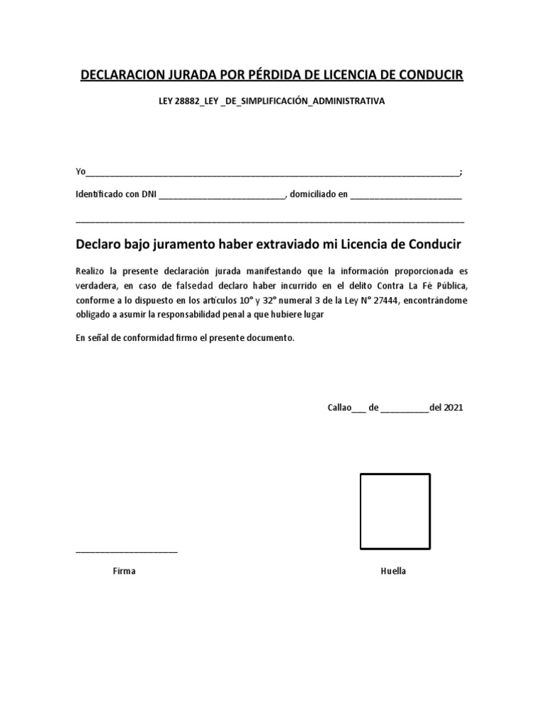 Modelo de Declaración Jurada de La Perdida de Licencia de Conducir | PDF