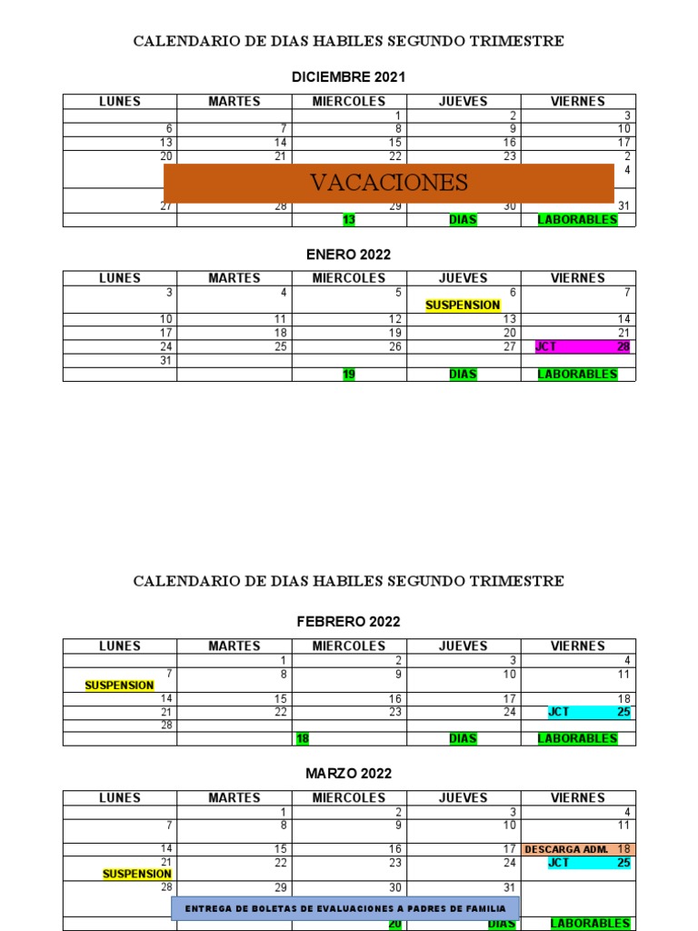 Calendario Dias Efectivos De Clase Segundo Trimestre Pdf Calendario