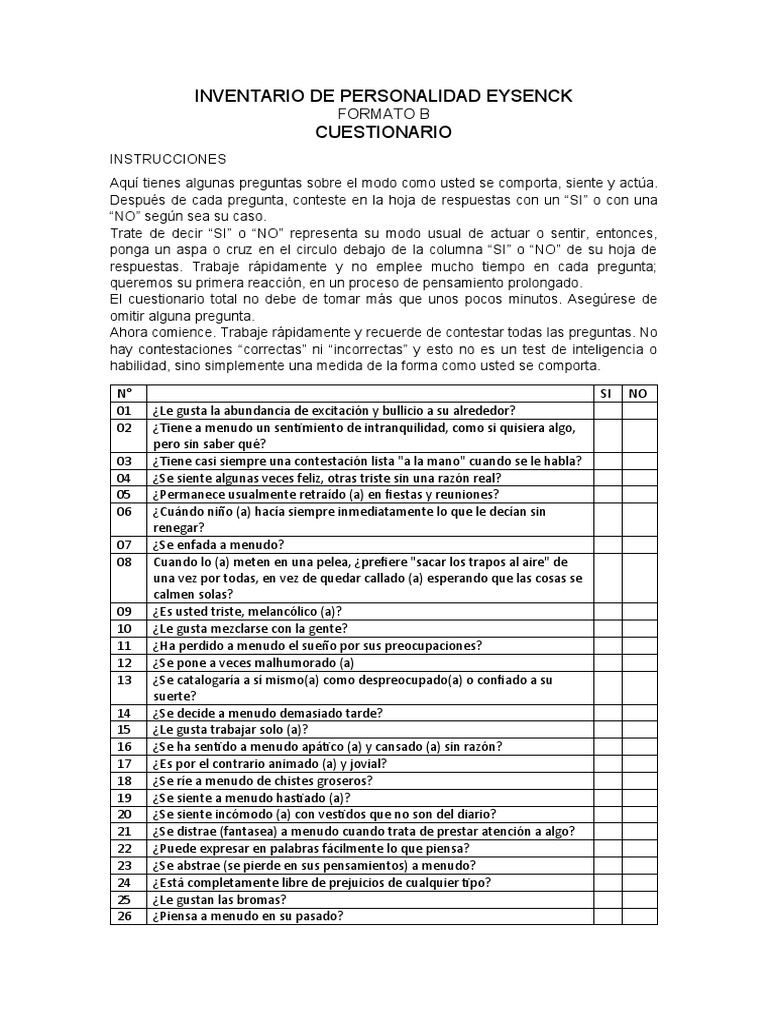 Inventario de Personalidad Eysenck | PDF