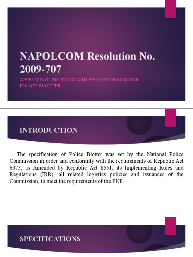 NAPOLCOM Resolution No. 2009-707: Approving The Standard Specifications ...