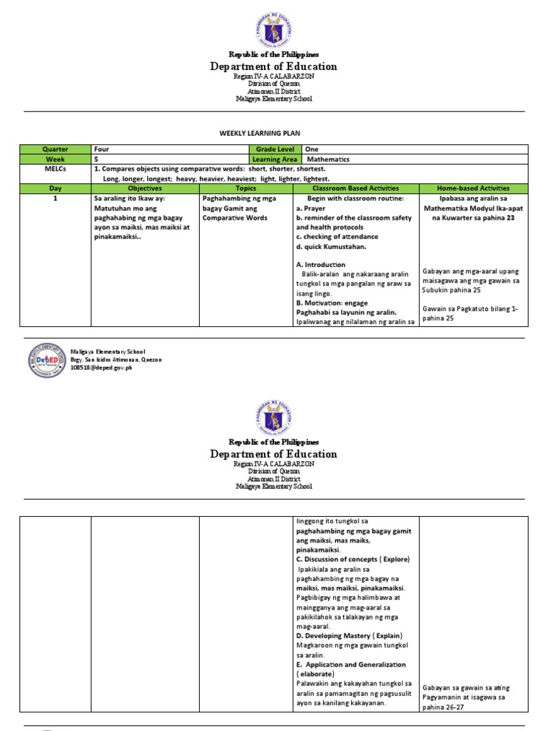Weekly Learning Plan Sample | PDF