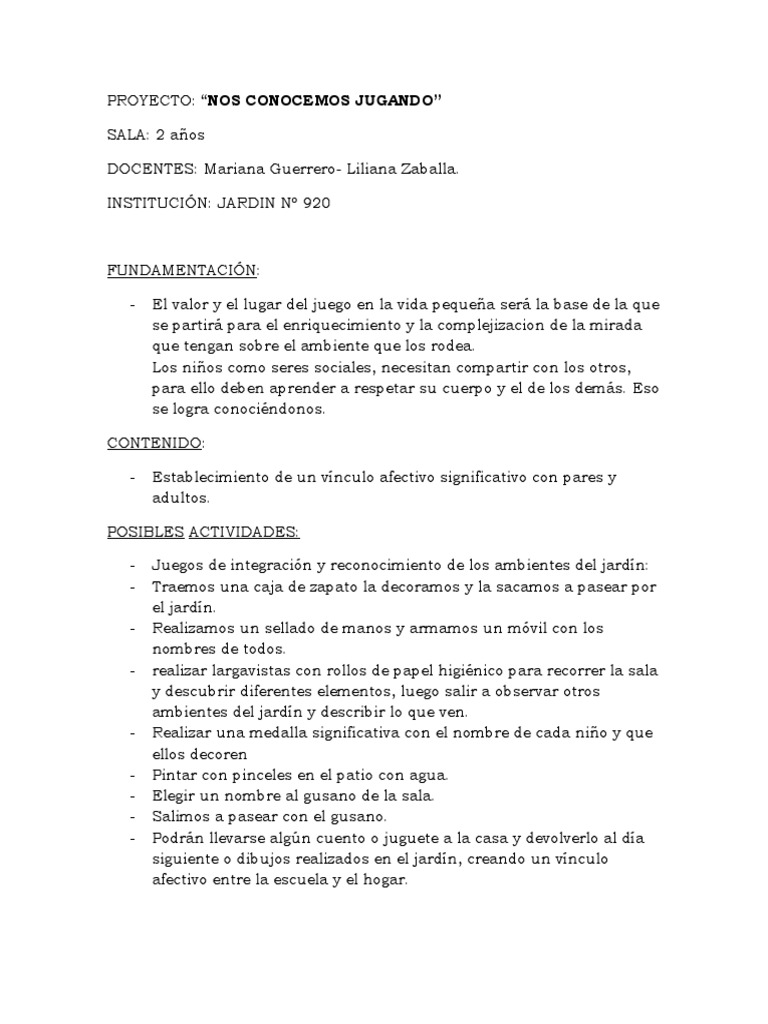 Proyecto - Nos Conocemos Jugando | PDF | Juguetes