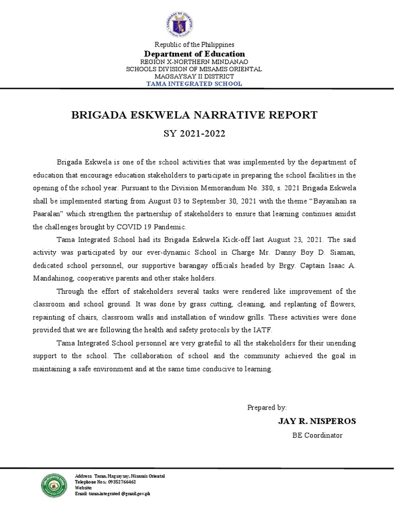 Brigada Eskwela Narrative Report: Department of Education | PDF