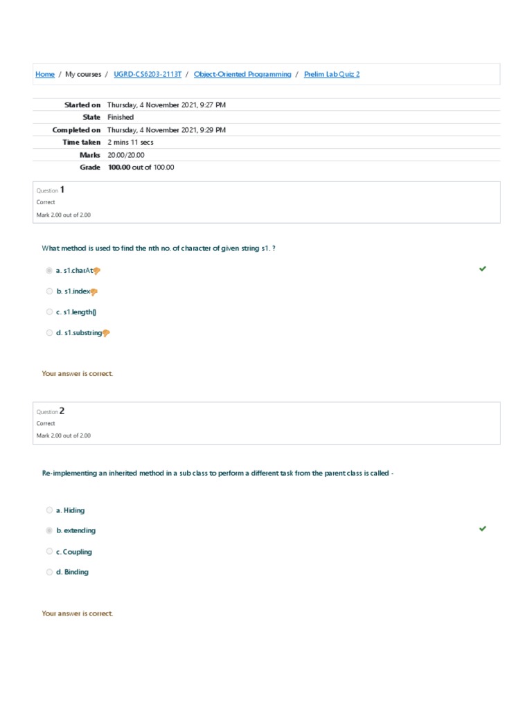 Term 3 OOP Prelim Lab Quiz 2 - Attempt Review | PDF | Method (Computer ...