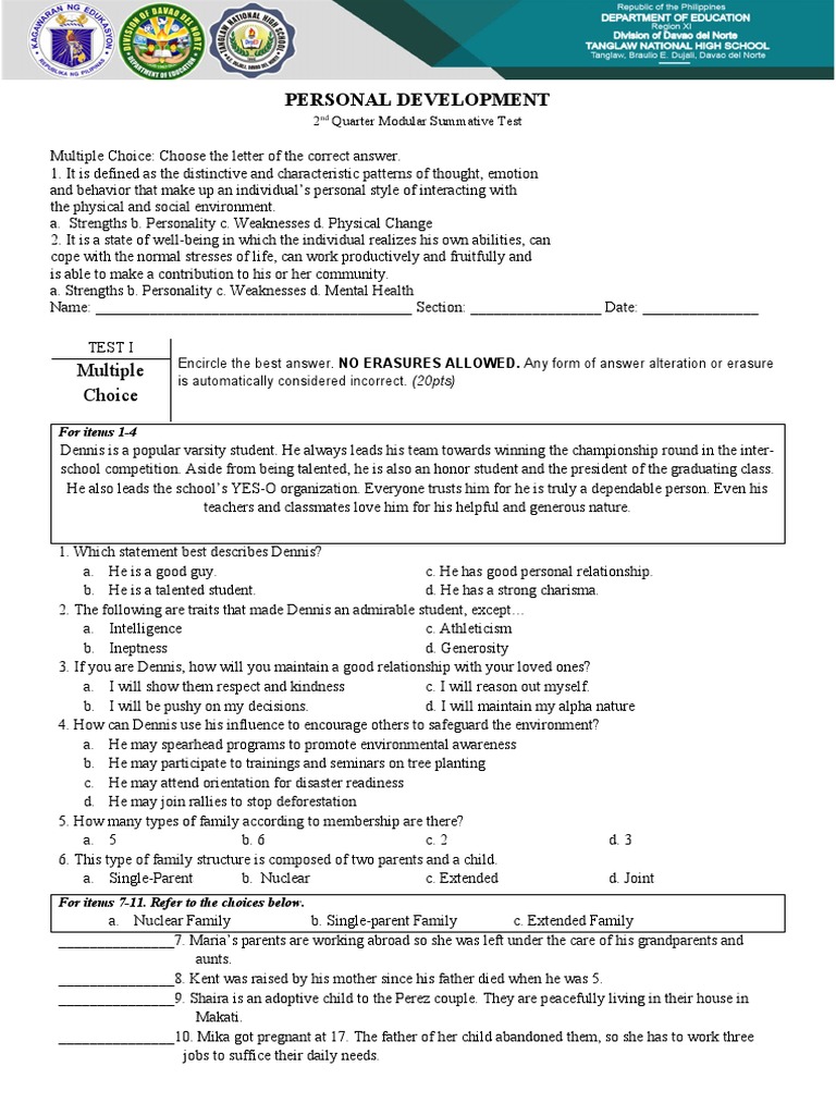 Personal Development Exam: Multiple Choice | PDF | Psychology ...