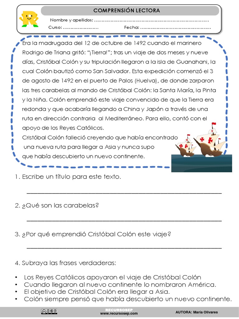 Comprension Lectora Descubrimiento America | PDF