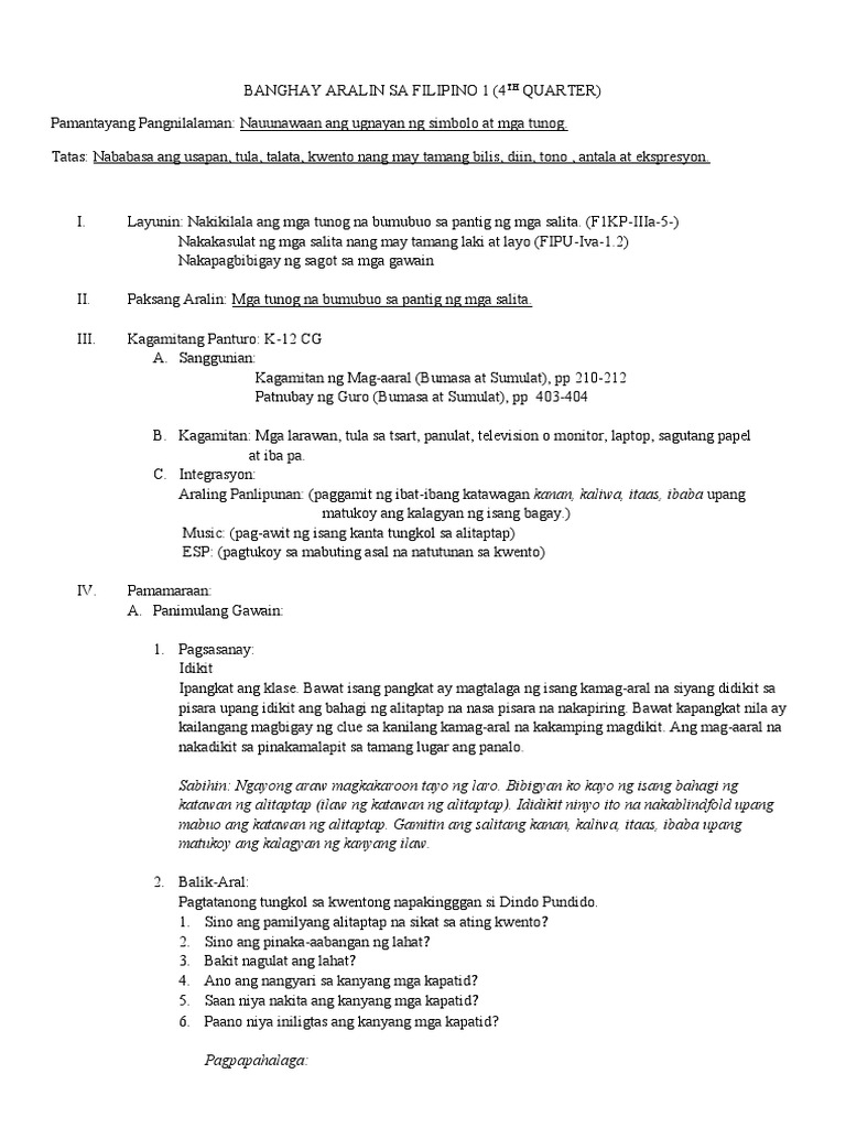 Detailed Lesson Plan in Filipino 1 4th Q | PDF