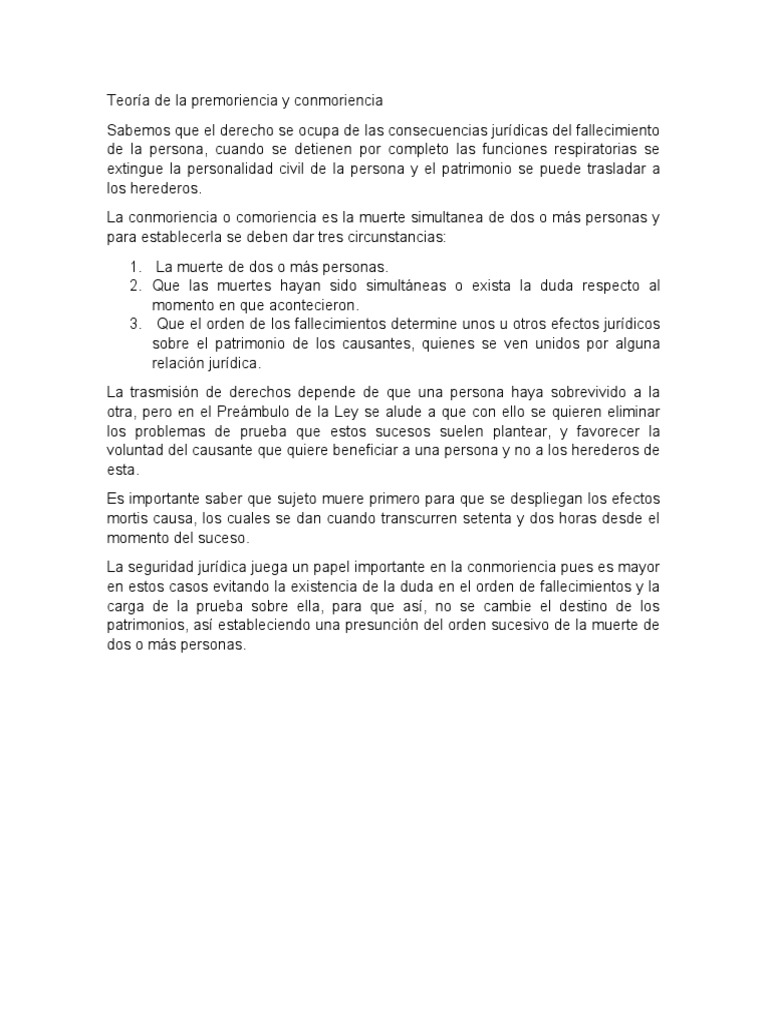 Teoría de La Premoriencia y Conmoriencia | PDF | Derecho