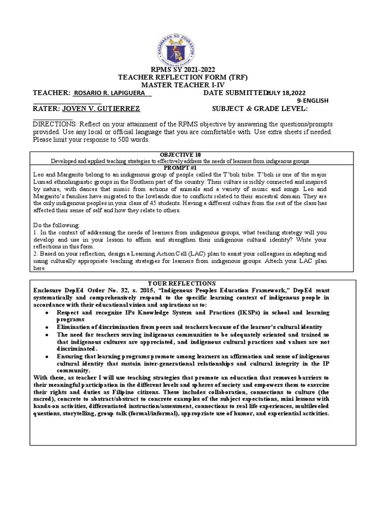 Master Teacher I-IV Reflection Form TRF - Indigenous People | PDF ...