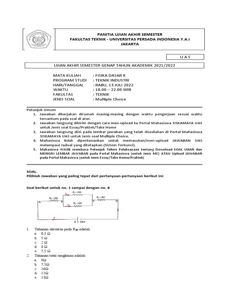 Ujian - Online - 152 - Soal UAS Fisika Dasar 2 | PDF