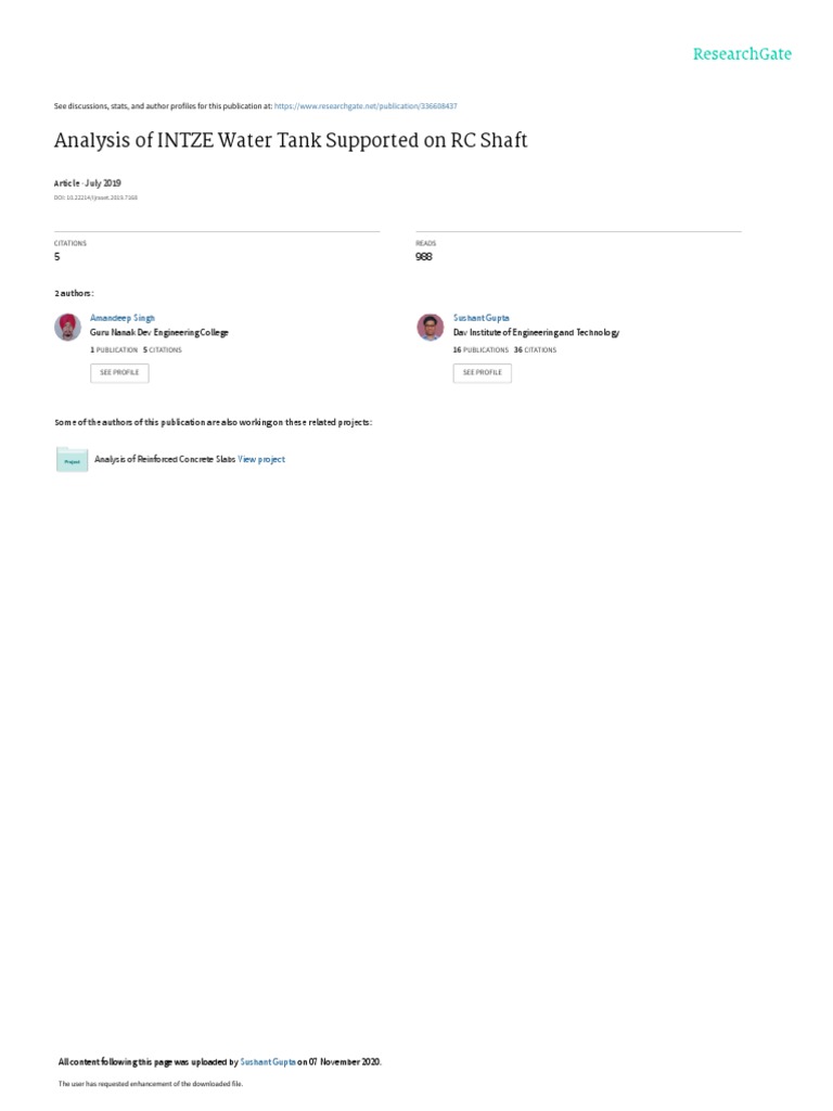 Analysis of INTZE Water Tank Supported On RC Shaft | PDF | Water ...