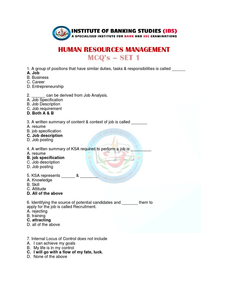HRM MCQ SET 1 (2) | PDF | Human Resource Management | Psychology