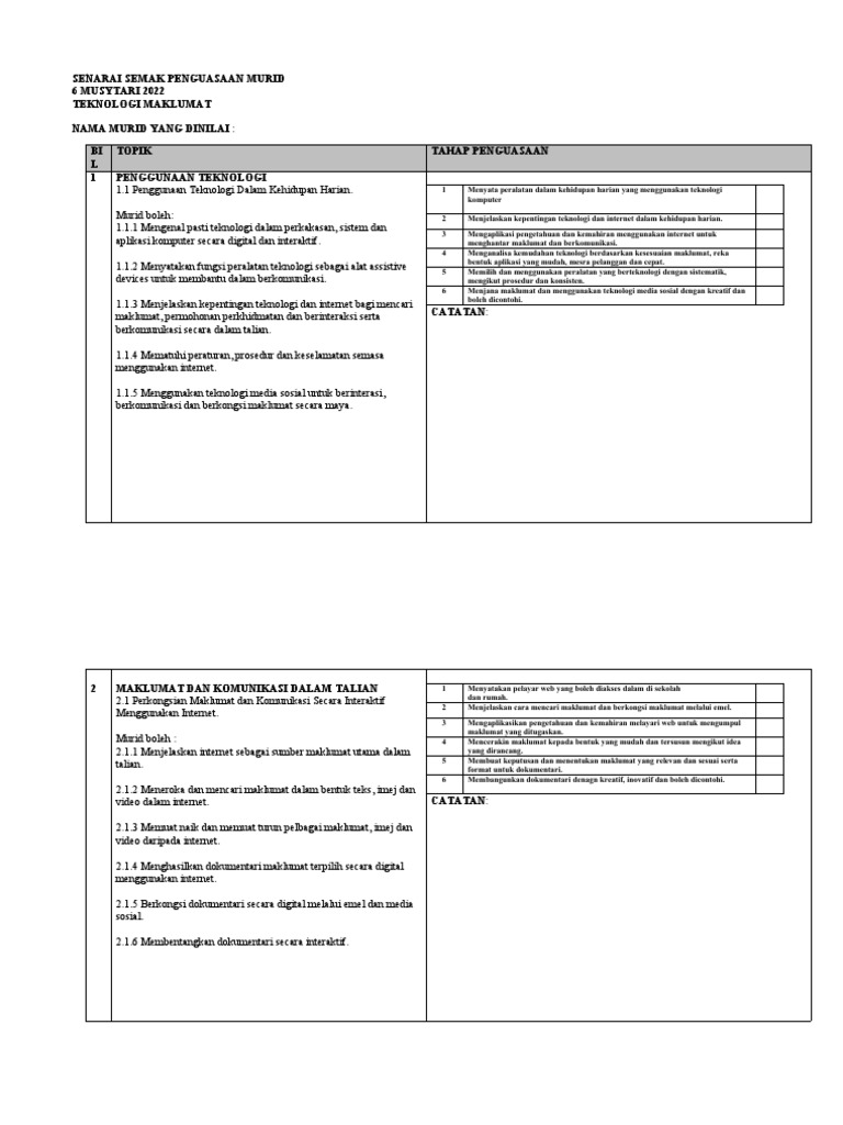 Senarai Semak Penguasaan Murid Tmk | PDF