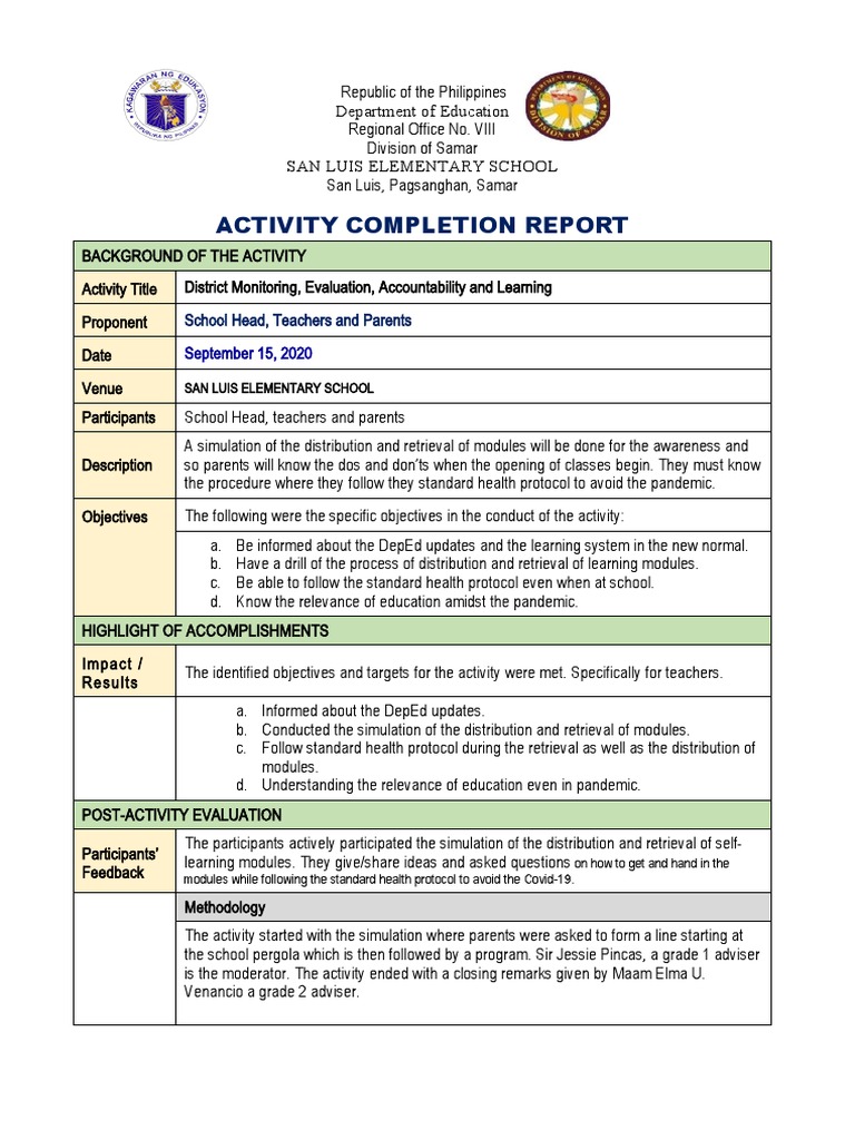 Activity Completion Report: School Head, Teachers and Parents | PDF ...
