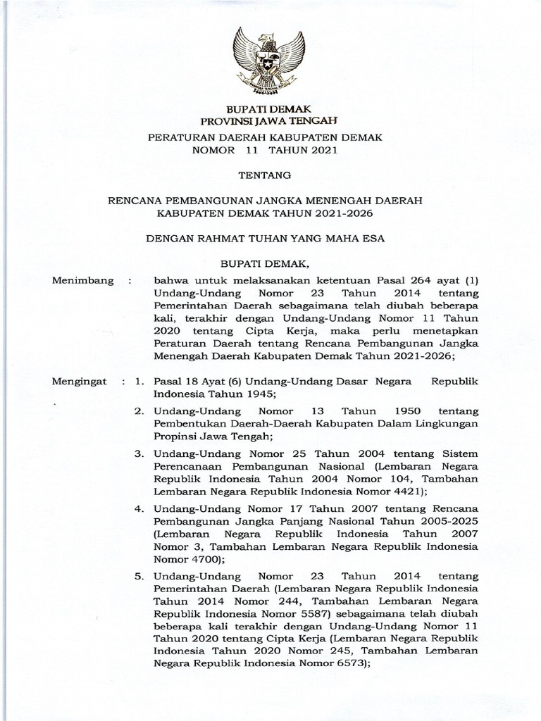 Perda 11 Tahun 2021 Tentang RPJMD Kabupaten Demak Tahun 2021 2026 | PDF