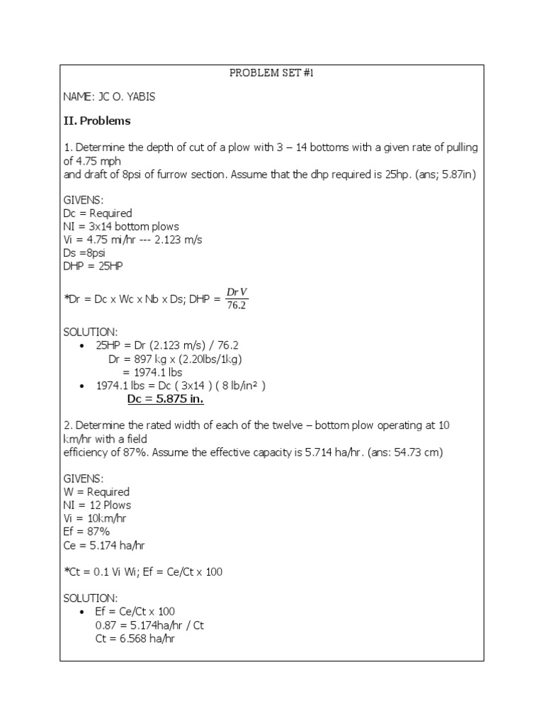 Area 1 PROBLEM SET #1 | PDF | Plough | Agriculture