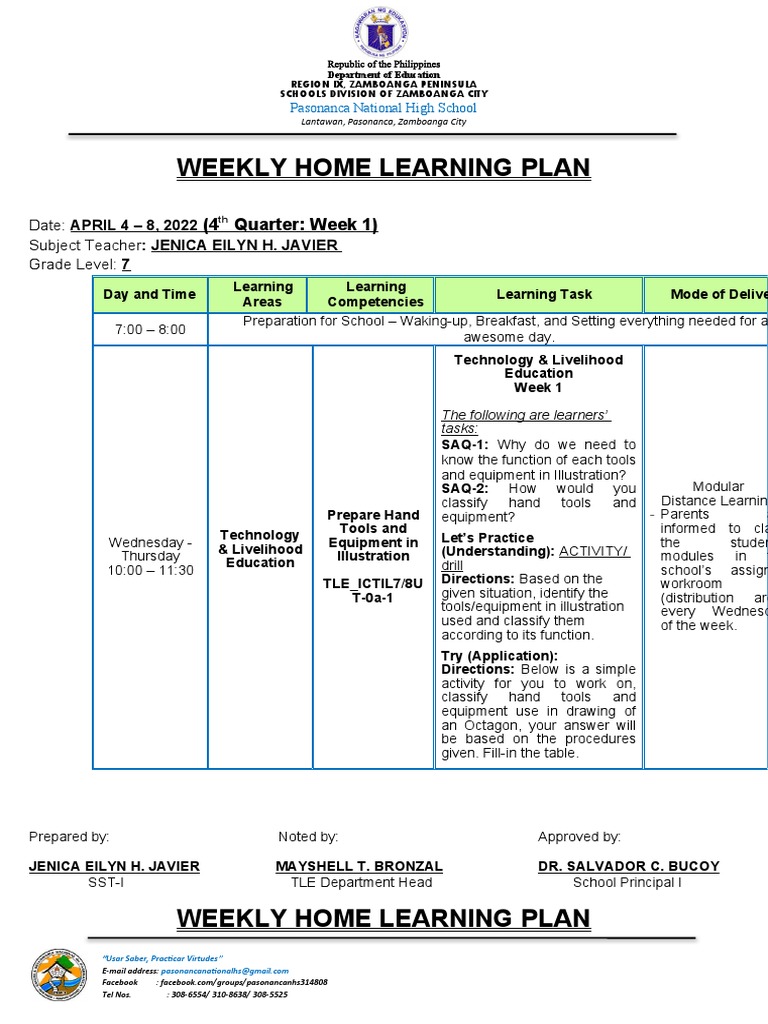 Weekly Home Learning Plan: (4 Quarter: Week 1) | PDF | Learning ...