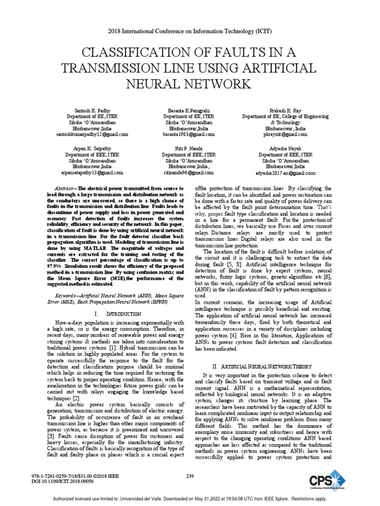 Classification of Faults in A Transmission Line Using Artificial Neural Network | PDF ...