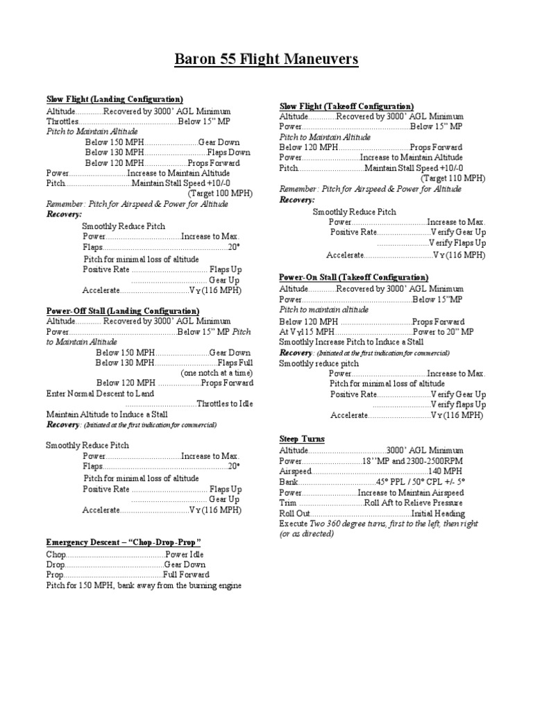 Baron 55 Pilot Maneuvers Guide | PDF | Flap (Aeronautics) | Takeoff